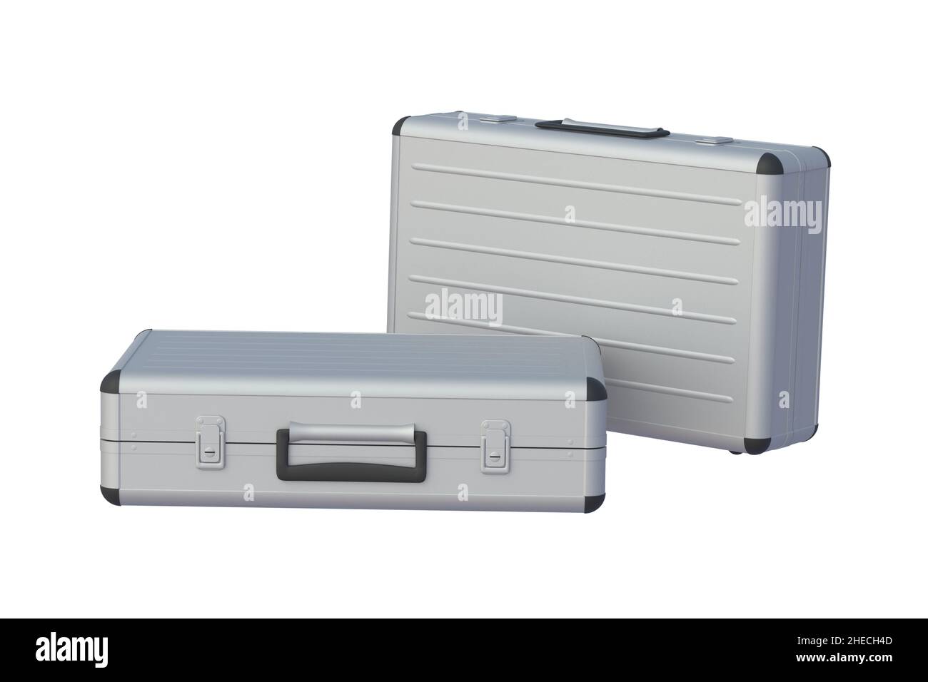 Two modern metal closed suitcases isolated on white background. Safety ...