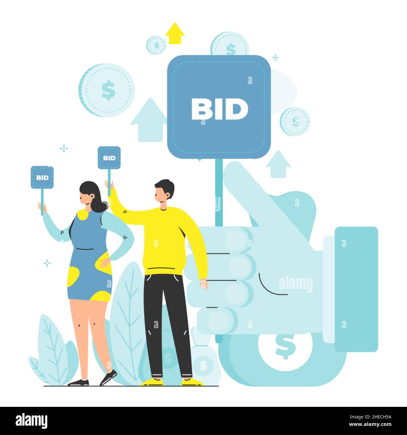 Bidders offering prices with bid paddles, vector illustration. Auction ...