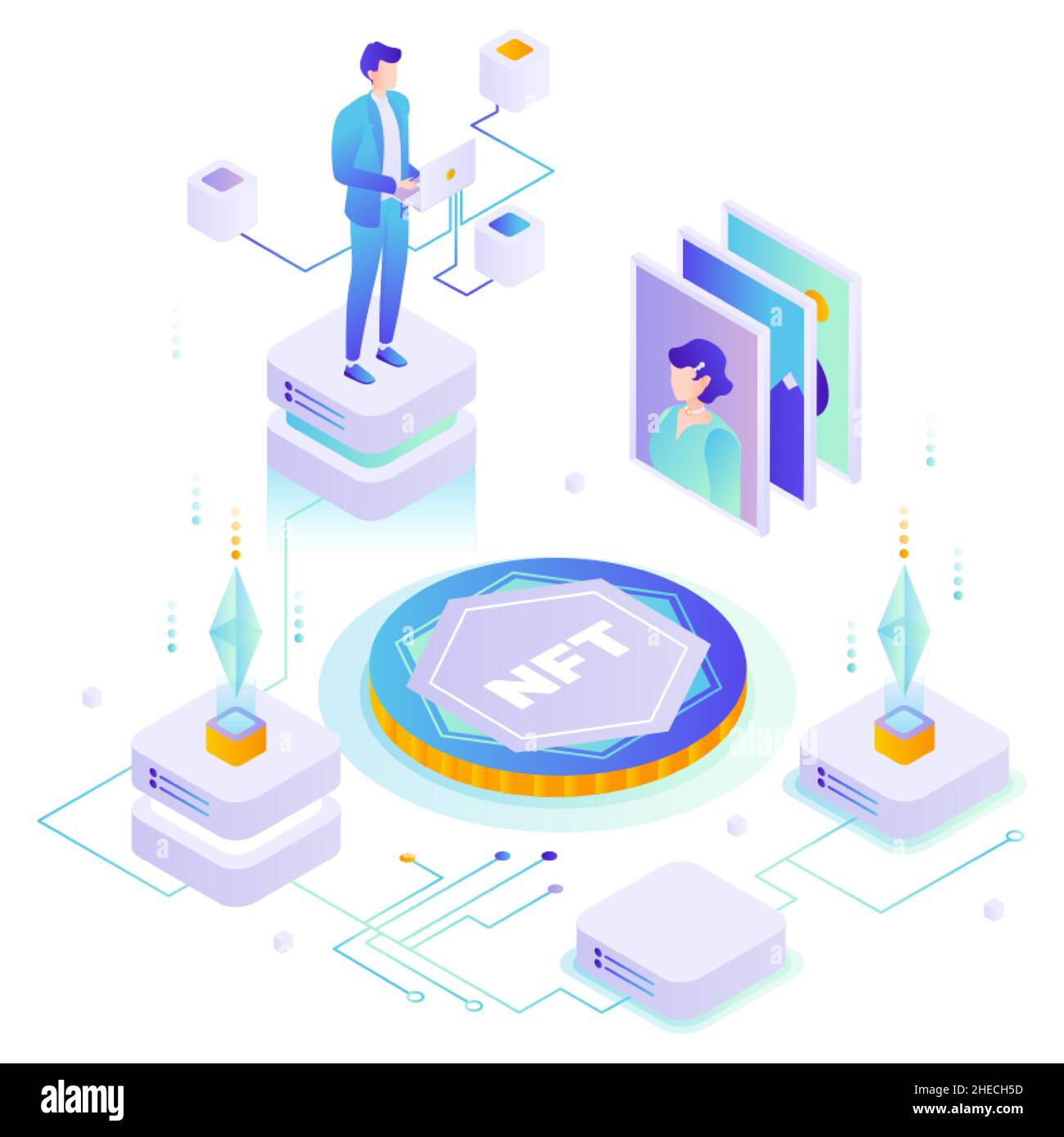 NFT art, non fungible token, vector isometric illustration. Digital ...