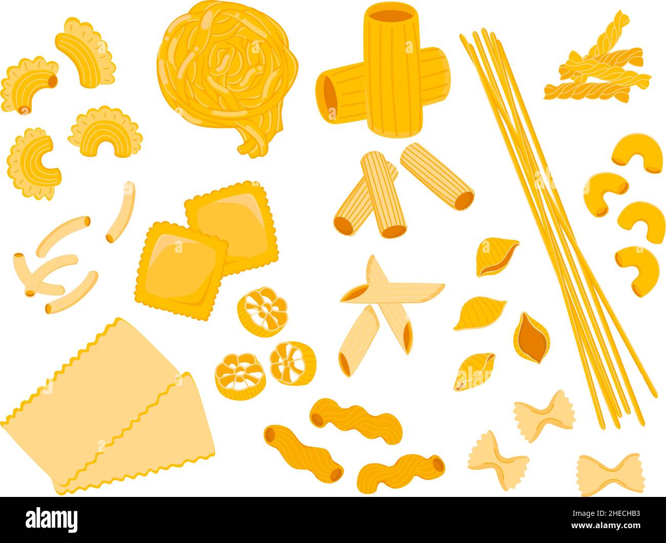 Cartoon pasta. Flat spaghetti, penne and tagliatelle, italian dried ...