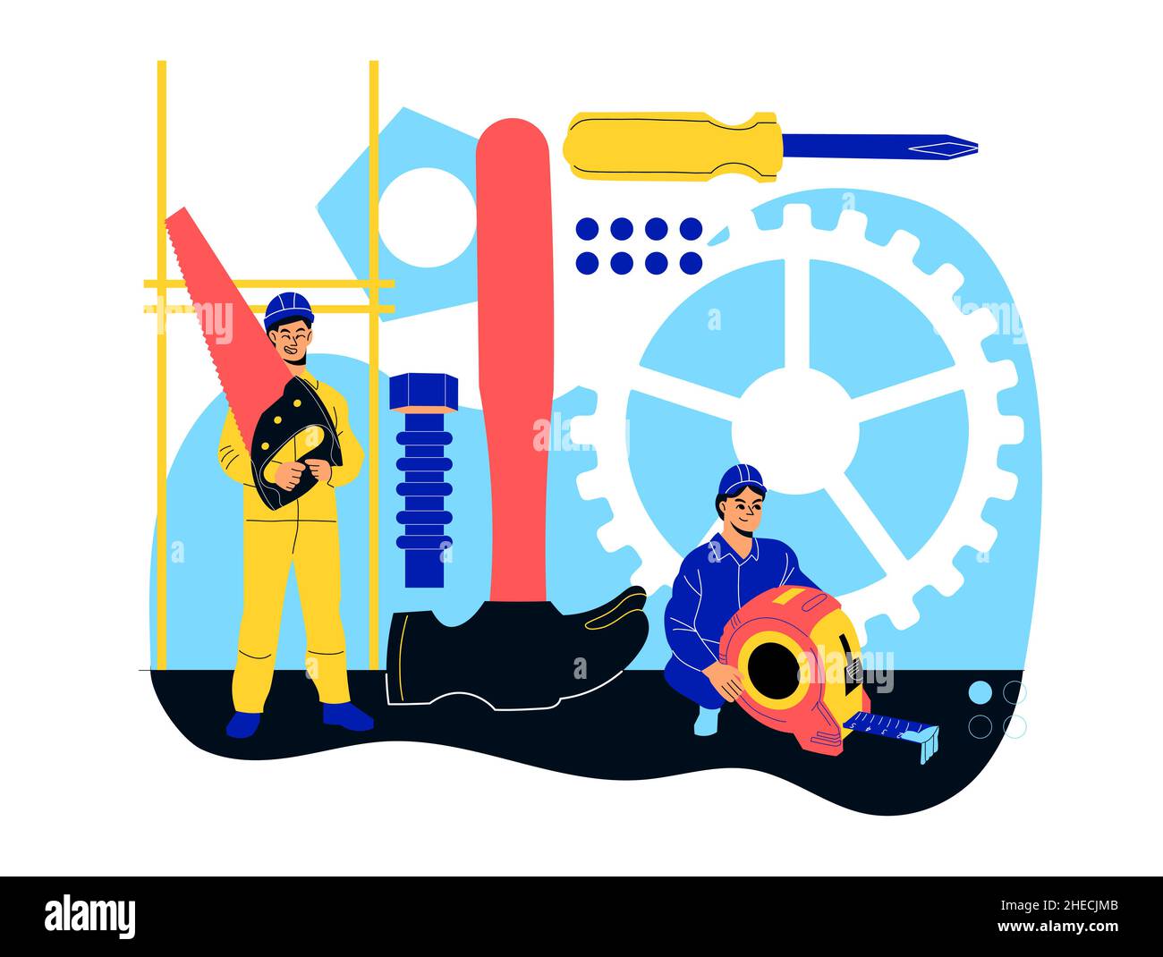 Tiny mechanics. Workers in uniform, breakage elimination process ...