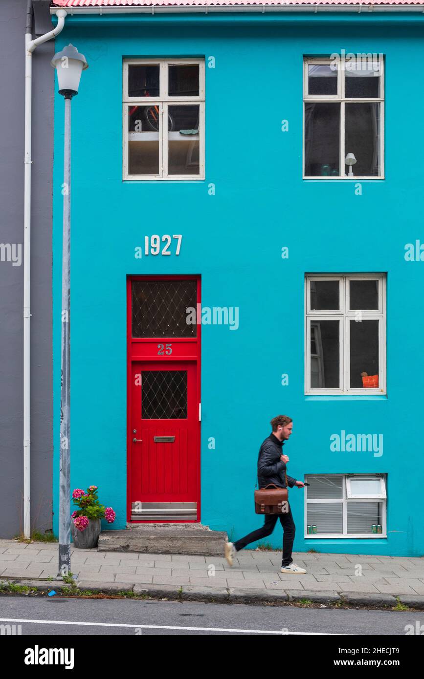 Iceland, Capital region, Reykjavik, Bergthorugata, blue house Stock ...