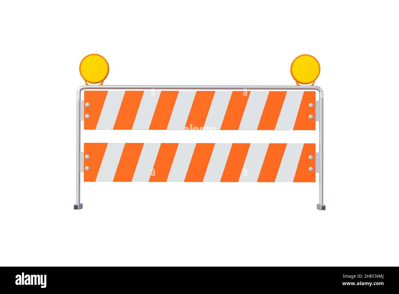 Striped road barrier, hurdle with yellow lamps isolated on white ...