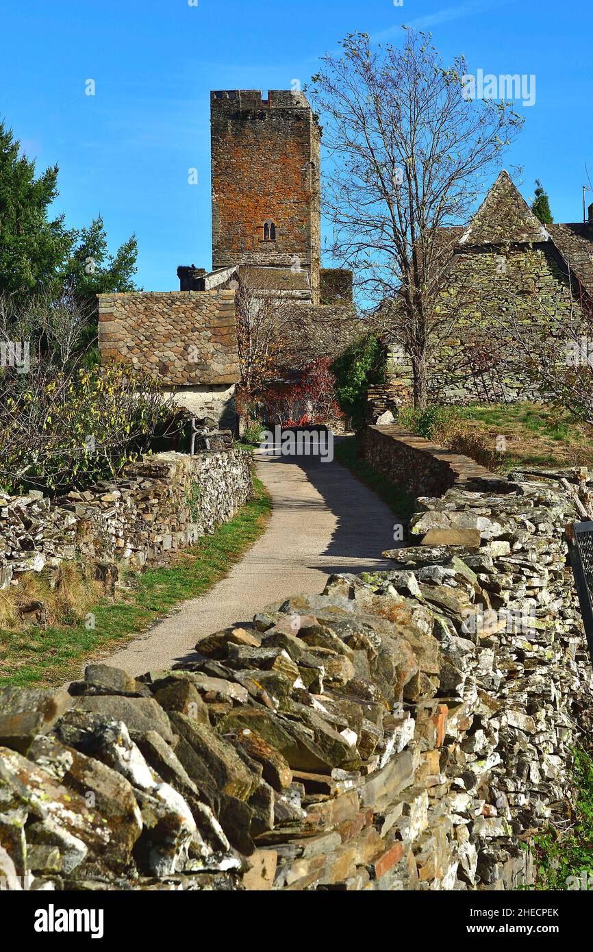 France, Aveyron, Carladez, Lacroix-Barrez, Valon, feudal castle Stock ...