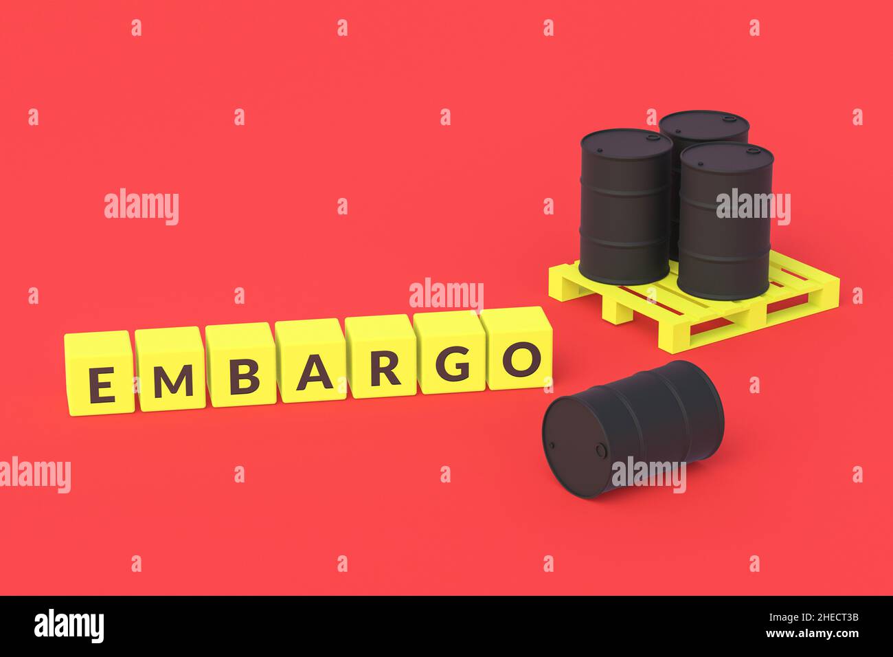 Cubes with word embargo near black barrels on pallet. Sanctions concept ...