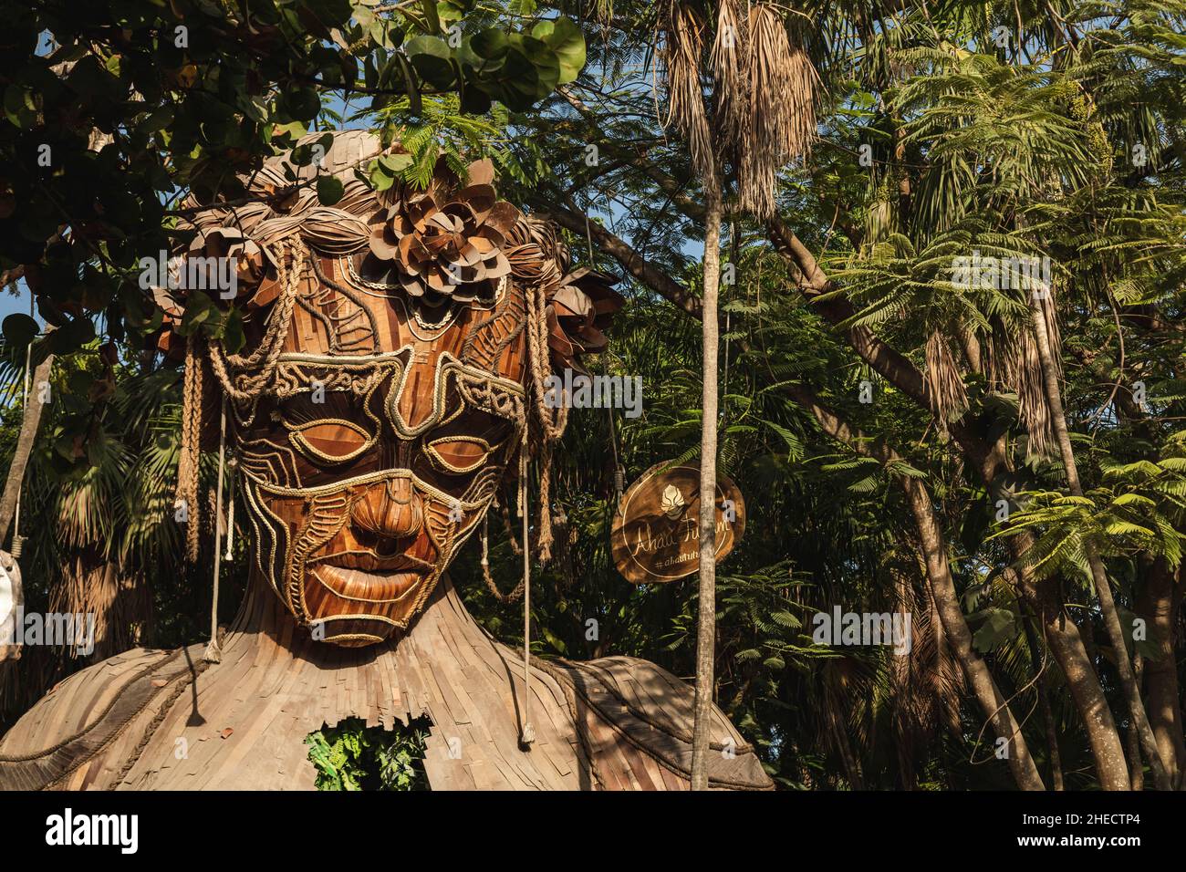 Mexico, Quintana Roo, Tulum, wooden sculpture at the entrance of the ...