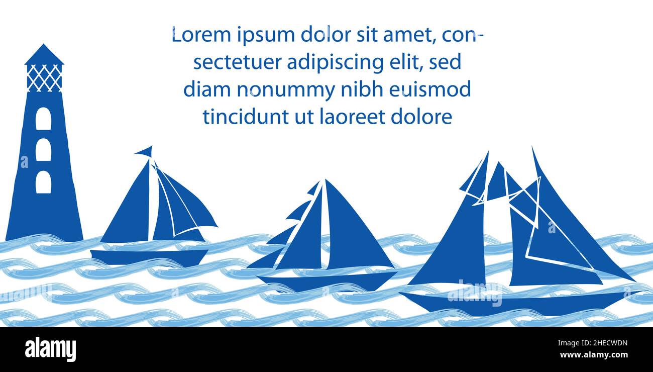 Sailing boats, ocean waves, lighthouse vector banner template with ...