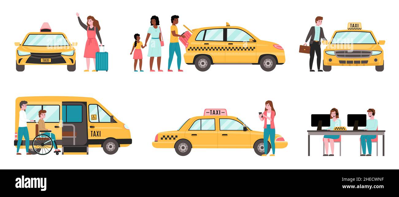 People and taxi. Men and women interact with service, selecting and ...