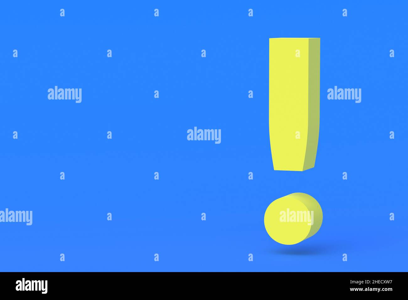 Yellow exclamation mark on blue background. Copy space. 3d render Stock ...