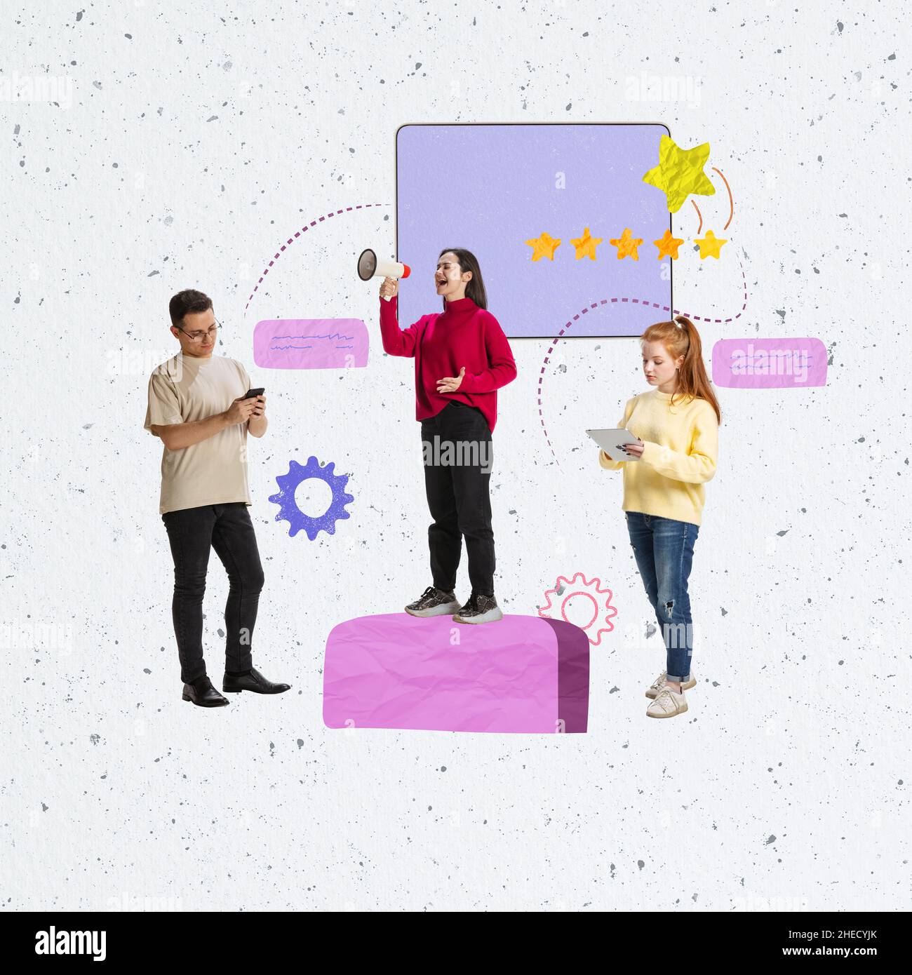 Contemporary art collage. Creative design of people making marketing ...