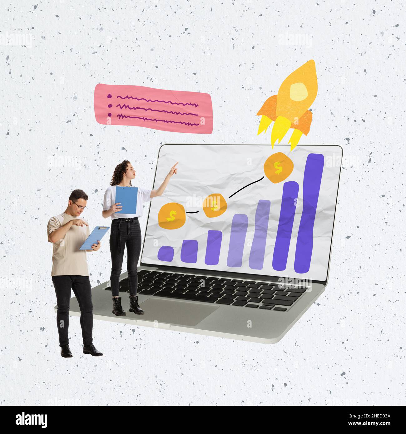 Creative design. Contemporary art collage. Man and woman, analytics ...