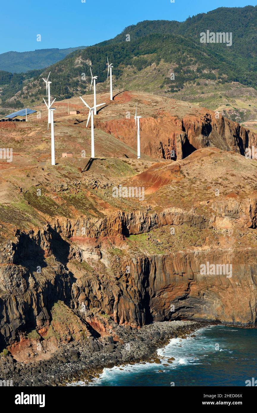 Portugal, Madeira Island, wind turbines and solar panels at the Ponta ...