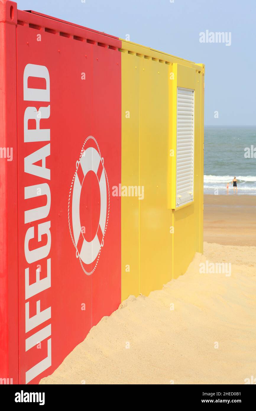 Belgium, West Flanders, Knokke Heist, lifeguard station on the beach ...