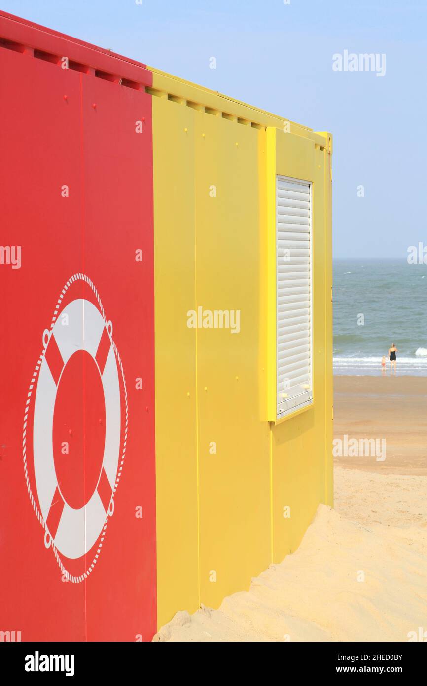 Belgium, West Flanders, Knokke Heist, lifeguard station on the beach ...
