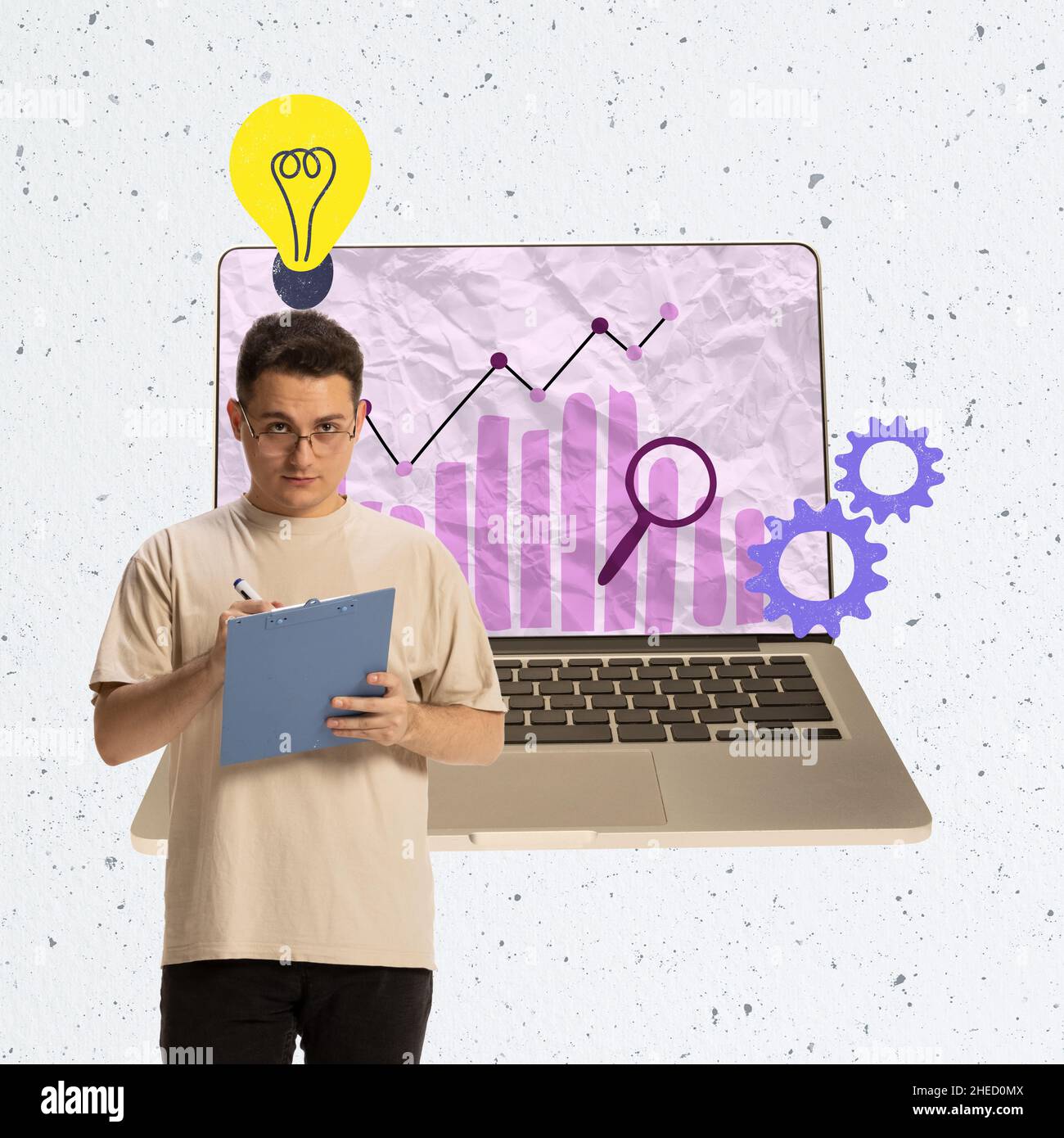 Contemporary art collage of young man working on company statistics ...