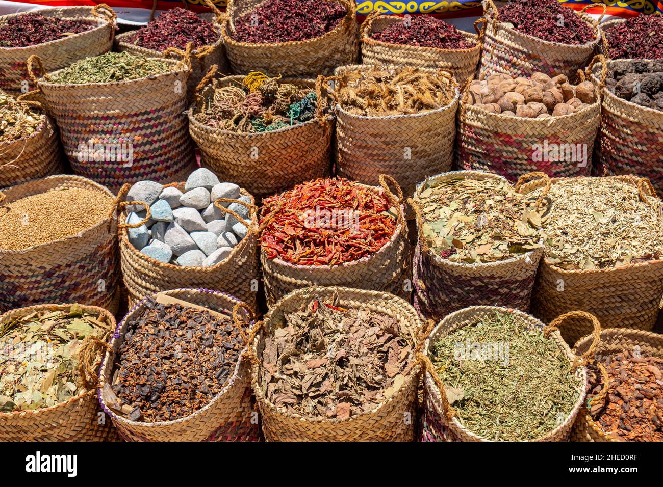 Egypt, Upper Egypt, Nile Valley, Aswan, Nubian village, spice stall ...