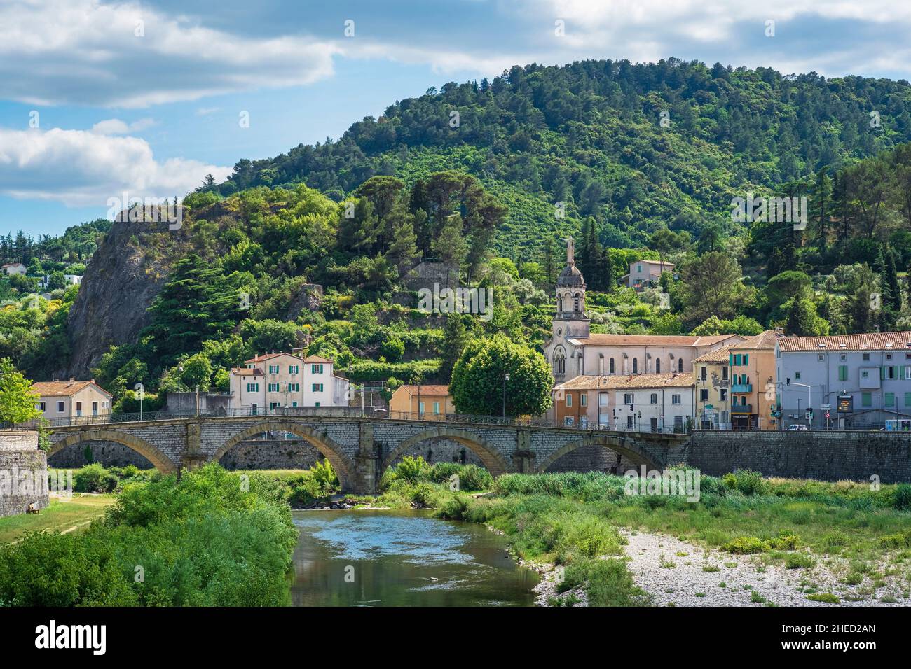 France, Gard, Ales, Rochebelle bridge over the Gardon river and Notre ...