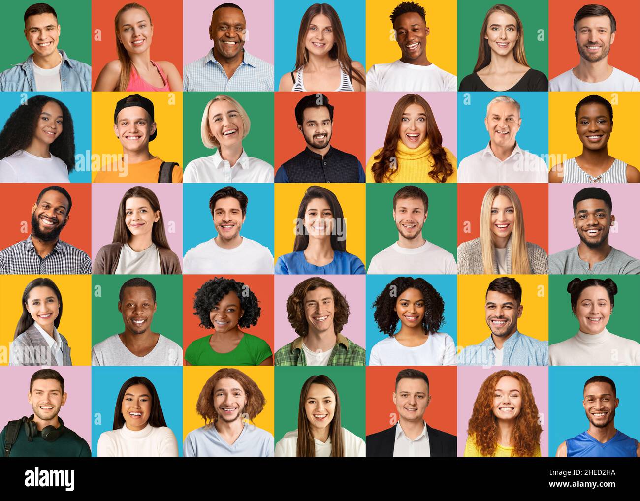 Smiling men and women of various nationalities and generations ...