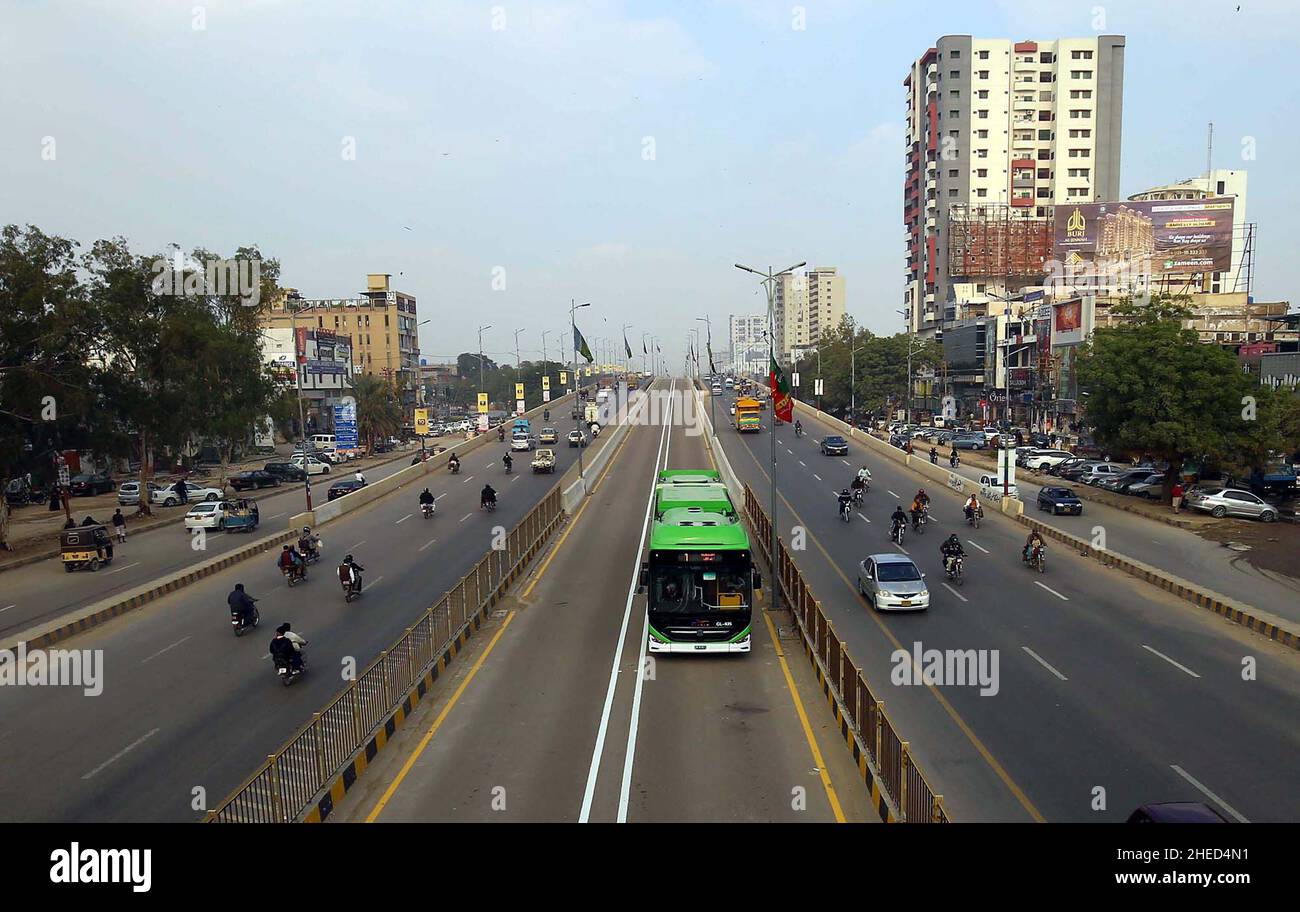View of Green Line Bus on its way in Karachi on Monday, January 10 ...