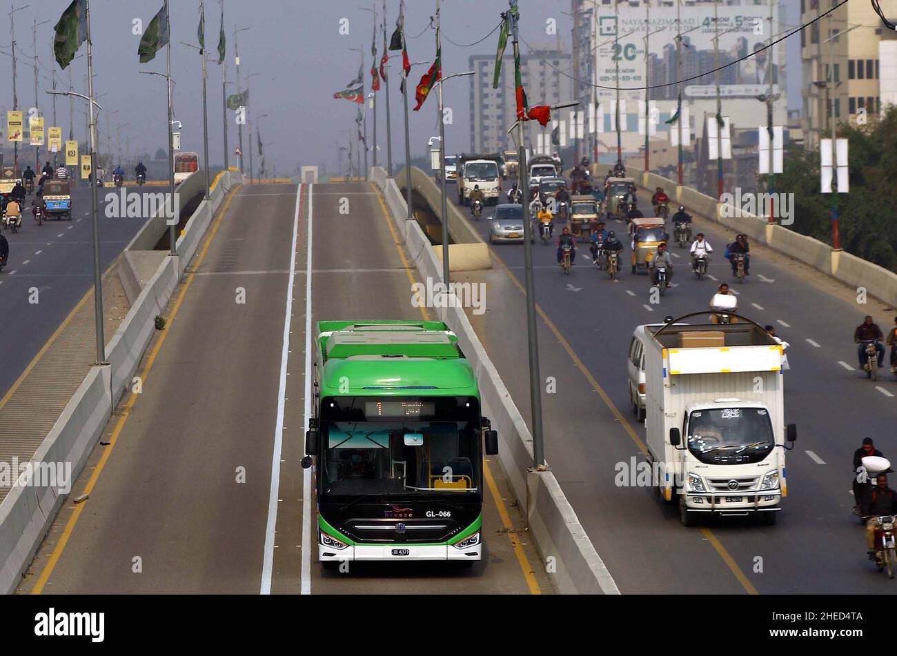 View of Green Line Bus on its way in Karachi on Monday, January 10 ...