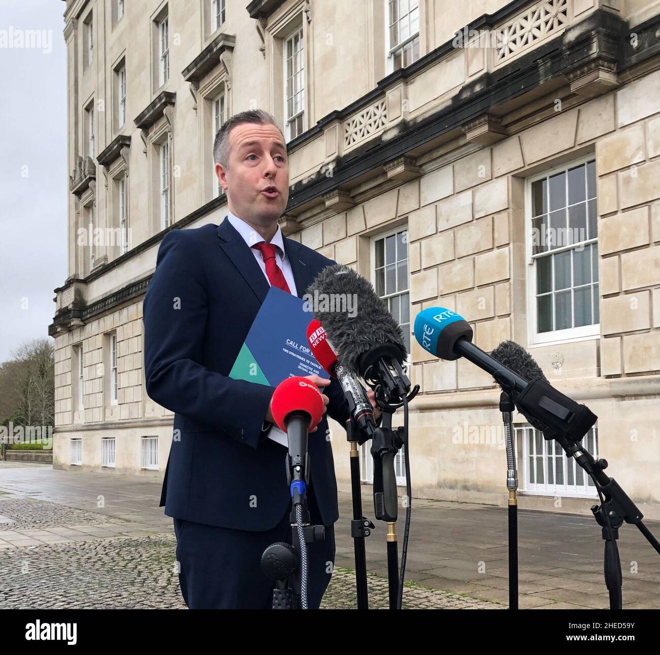 DUP First Minister Paul Givan speaks outside Parliament Buildings ...