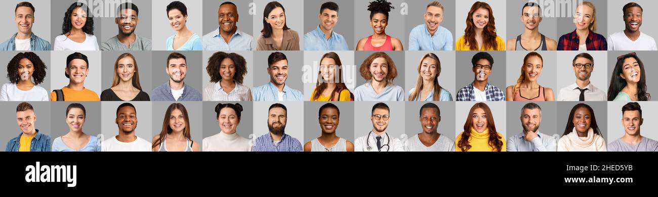 Set of diverse smiling multicultural people's faces over gray ...