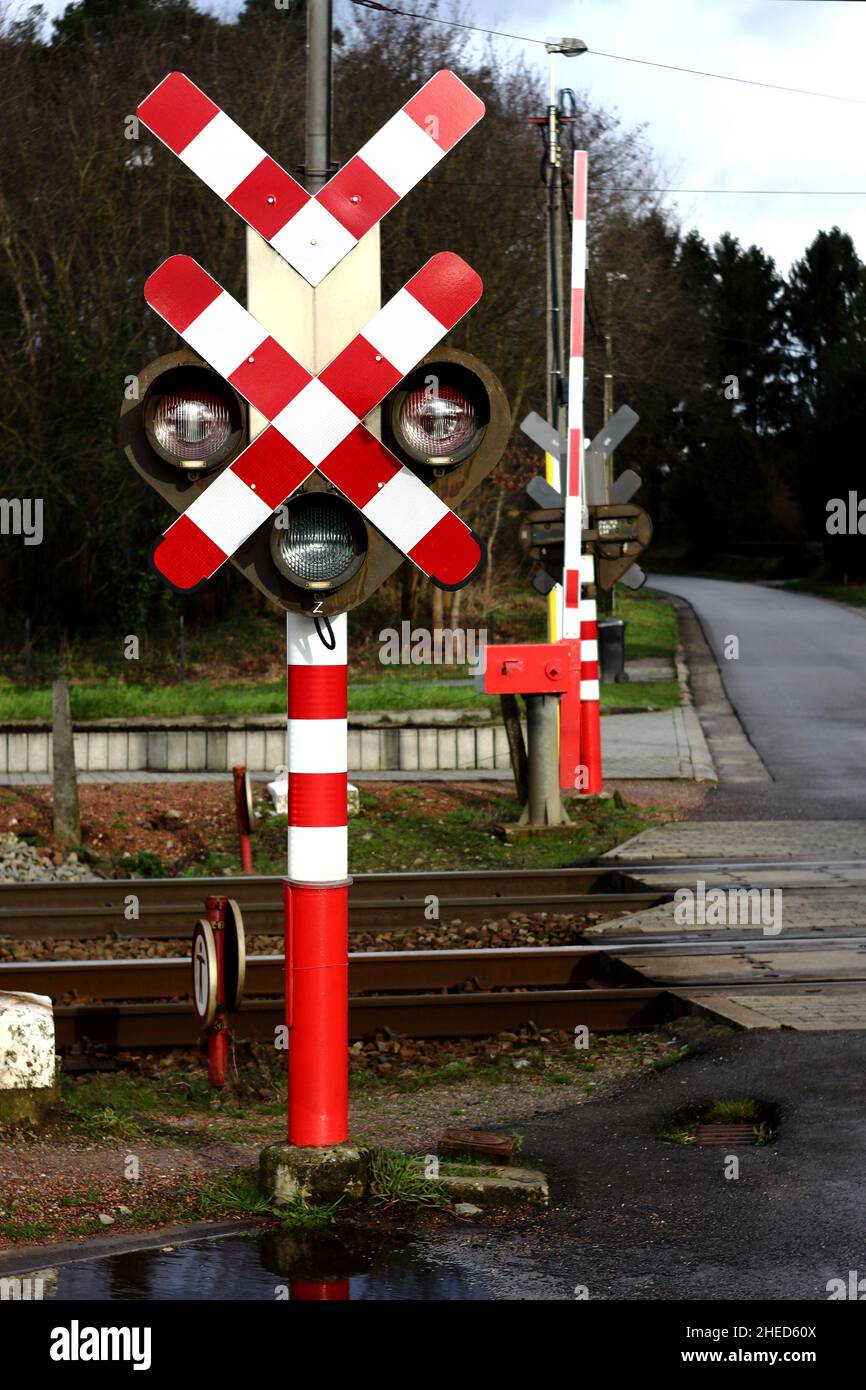 traffic signs on a Belgian rail crossing Stock Photo - Alamy
