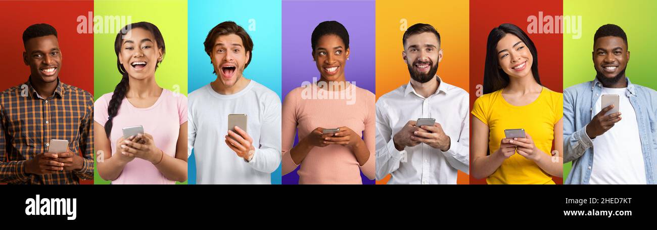 Digital Communication. Diverse millennial people using mobile phones on ...