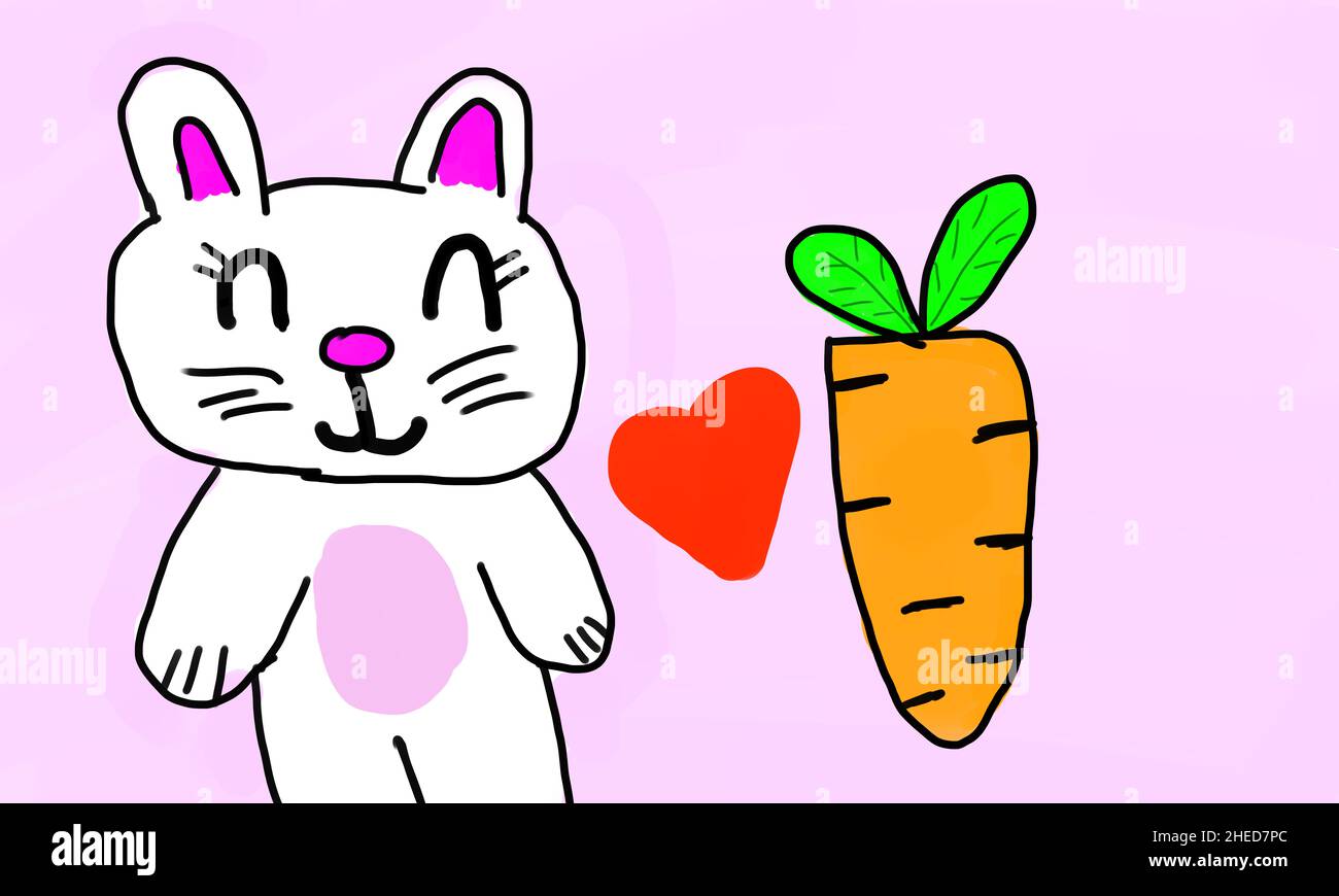 Rabbit with carrot on a pink background, child's drawing. High quality ...