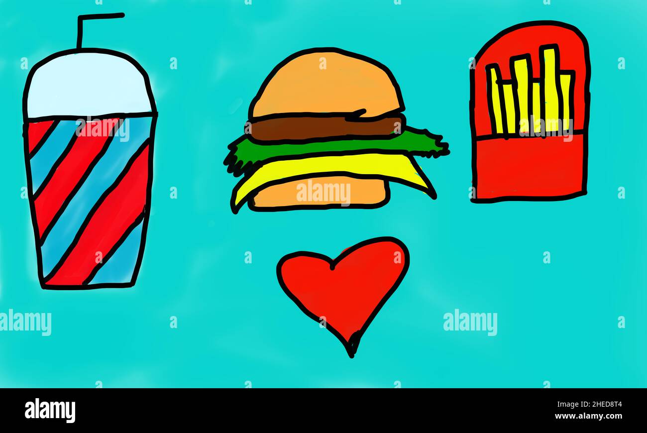 Fast food kitchen on a turquoise background, child's drawing. High ...