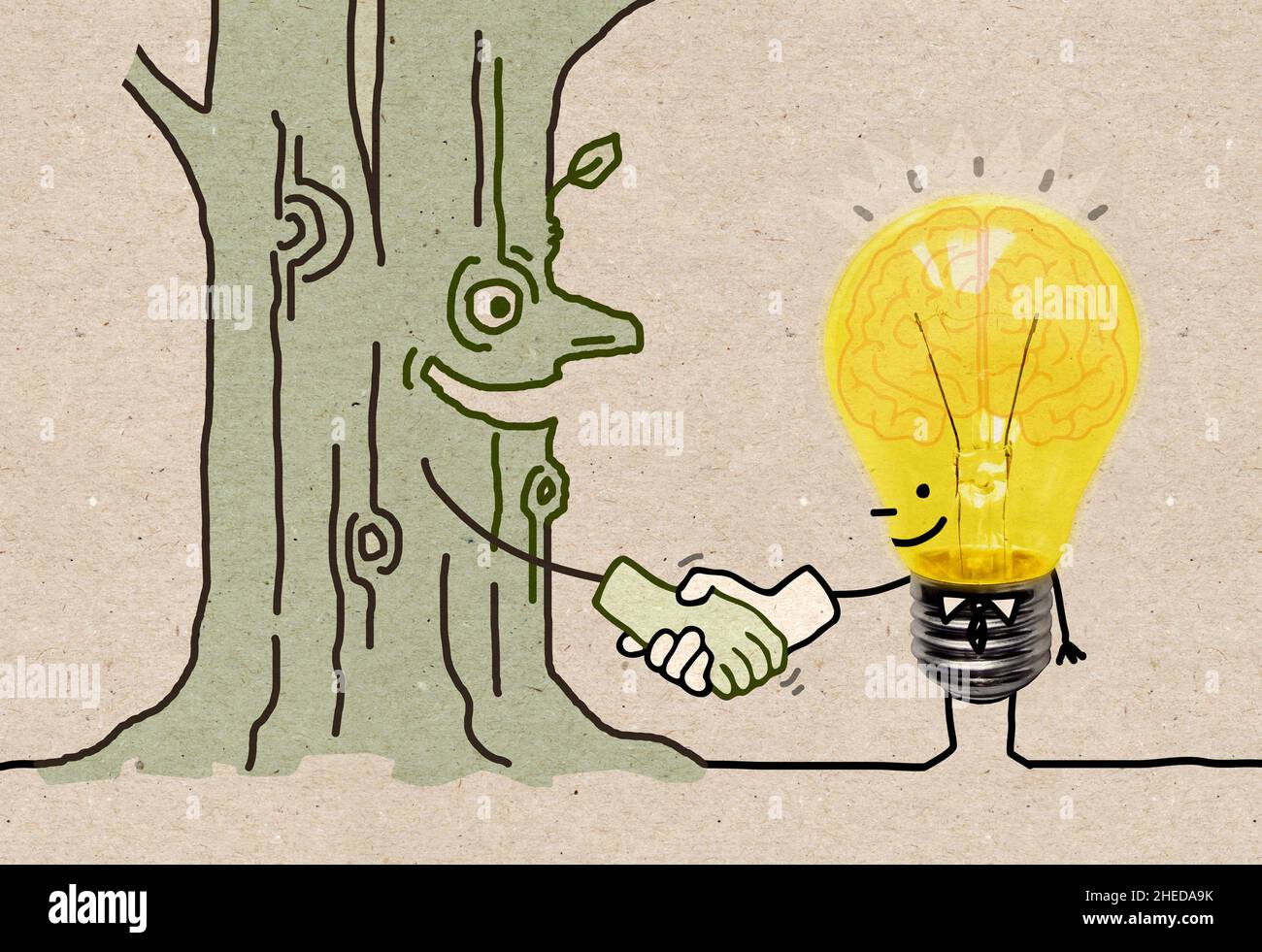 Hand drawn Cartoon Light Bulb Shaking Hand with a smiling Tree Trunk ...