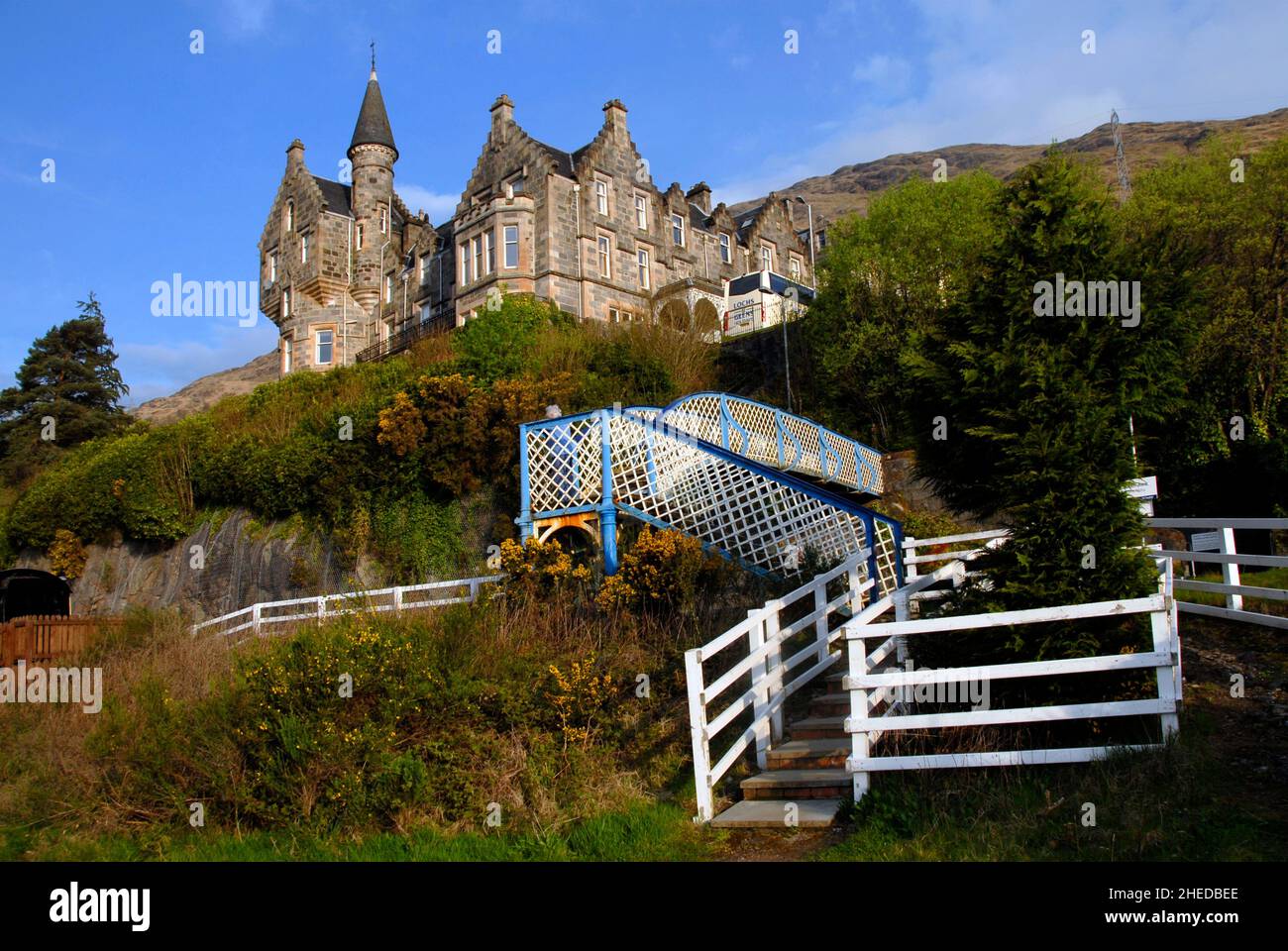 Loch Awe hotel, Loch Awe, Argyll & Bute, Scotland from the shore of the ...