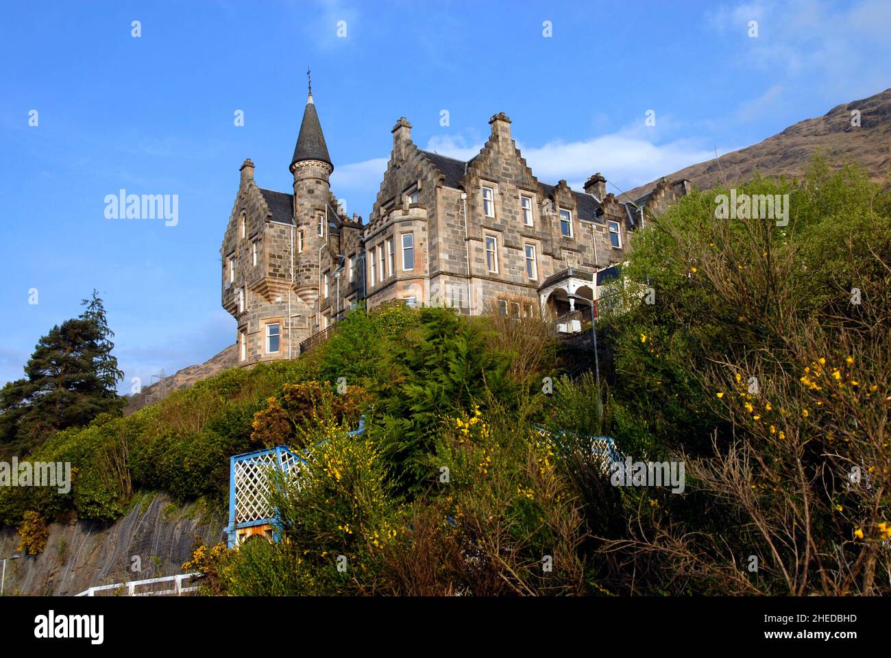 Loch Awe hotel, Loch Awe, Argyll & Bute, Scotland from the shore of the ...