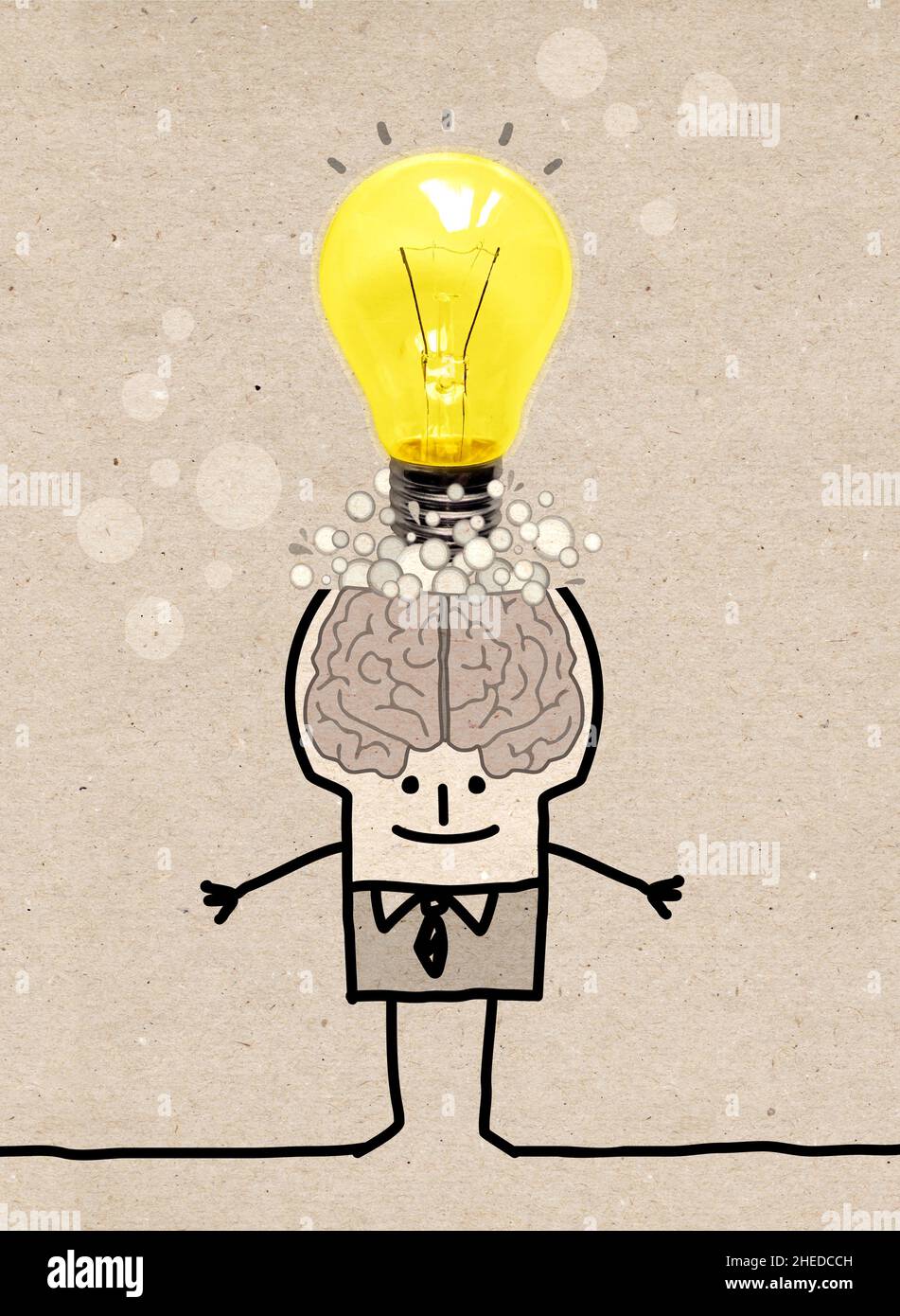 Hand drawn cartoon big Brain Man with Light bulb over his head Stock ...