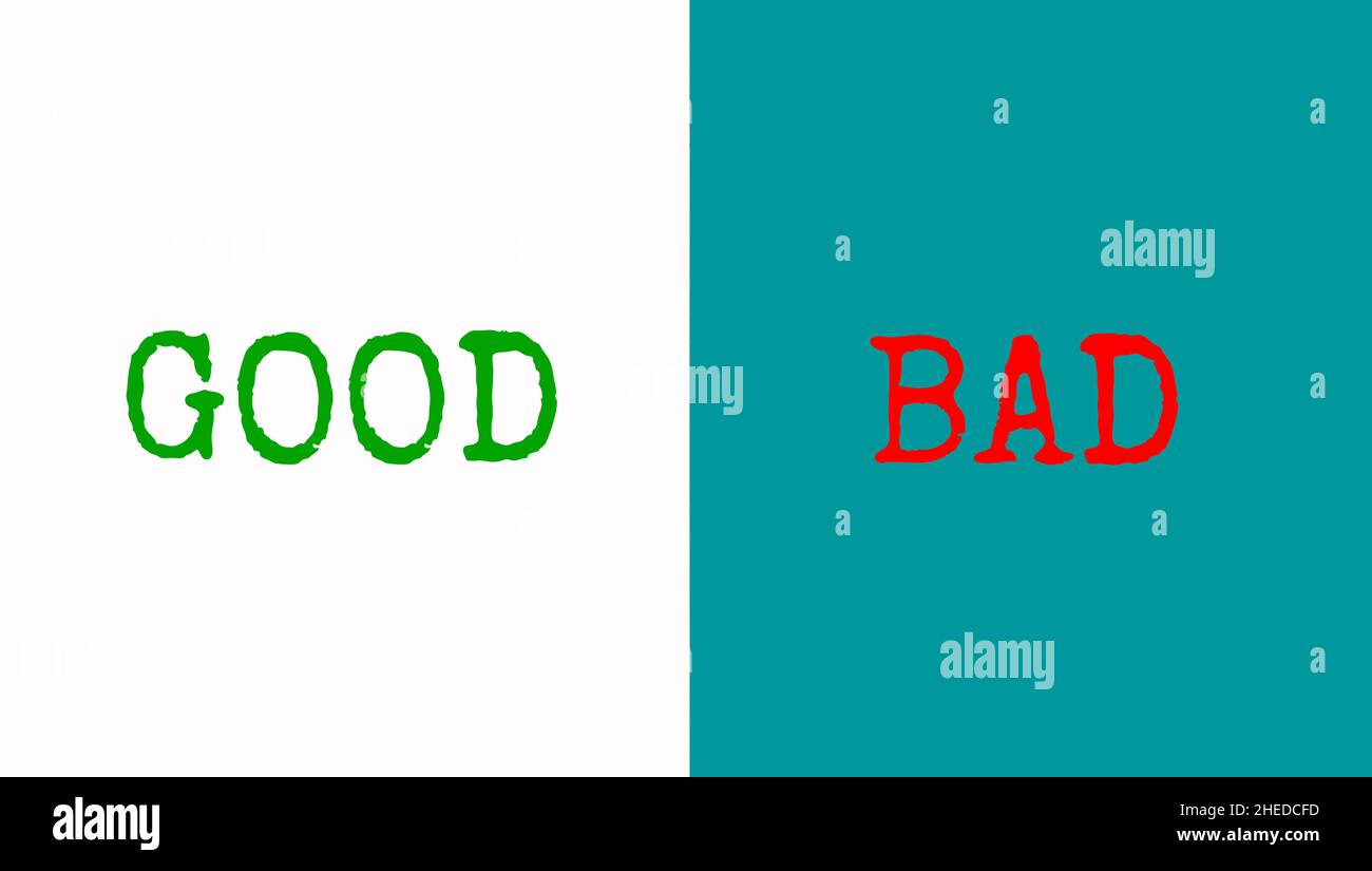 Good or bad symbol. Words 'bad' and 'good' on white and blue wall ...
