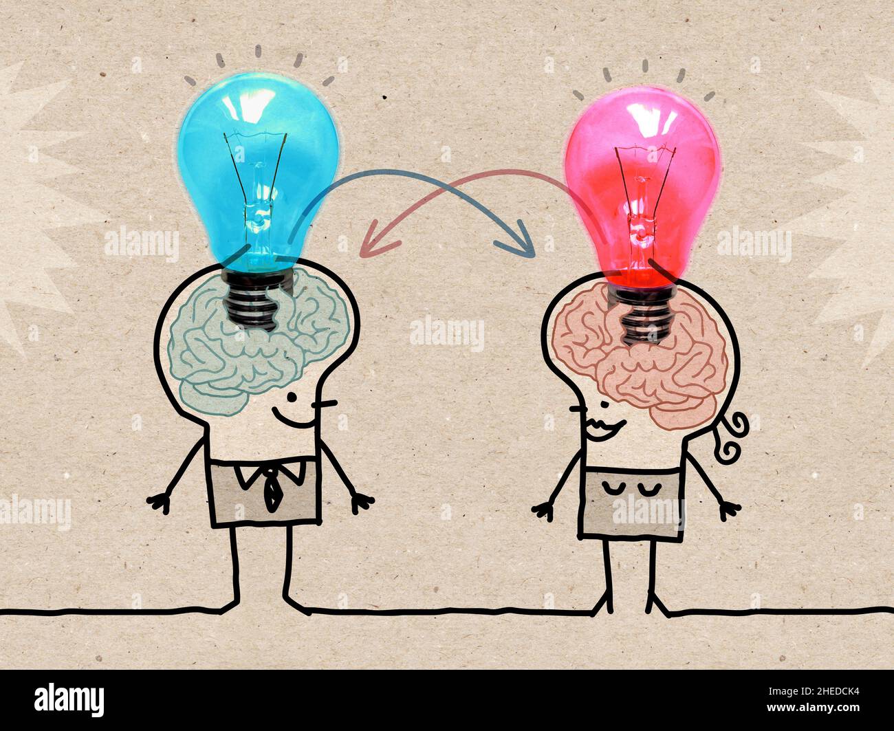 Hand drawn cartoon Man and Woman exchanging different ideas Stock Photo ...