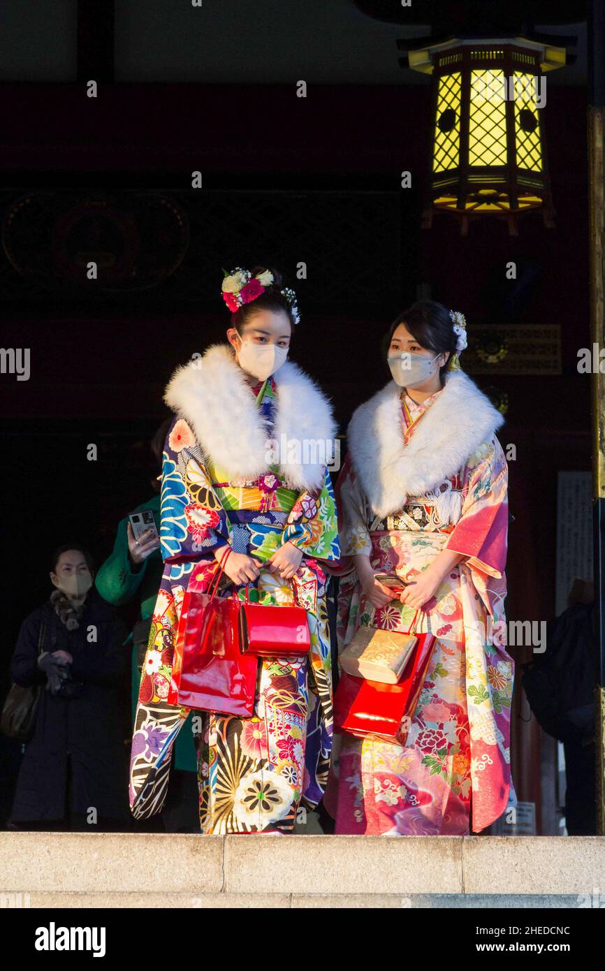 Young Women In Traditional Kimono Visit Senso Ji Temple To Celebrate
