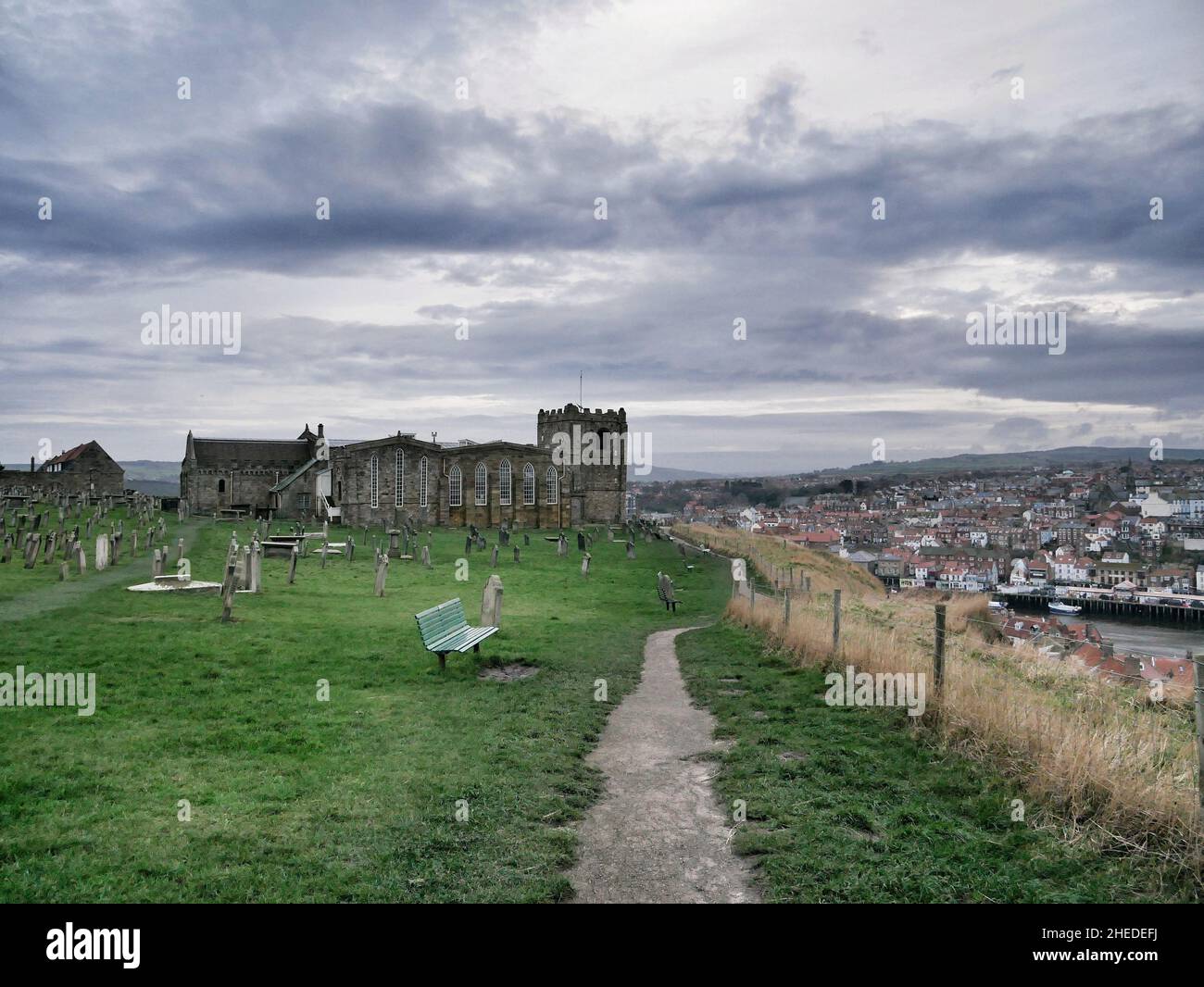UK Whitby. A view of St. Mary's Parish Church at dusk. Picture by ...