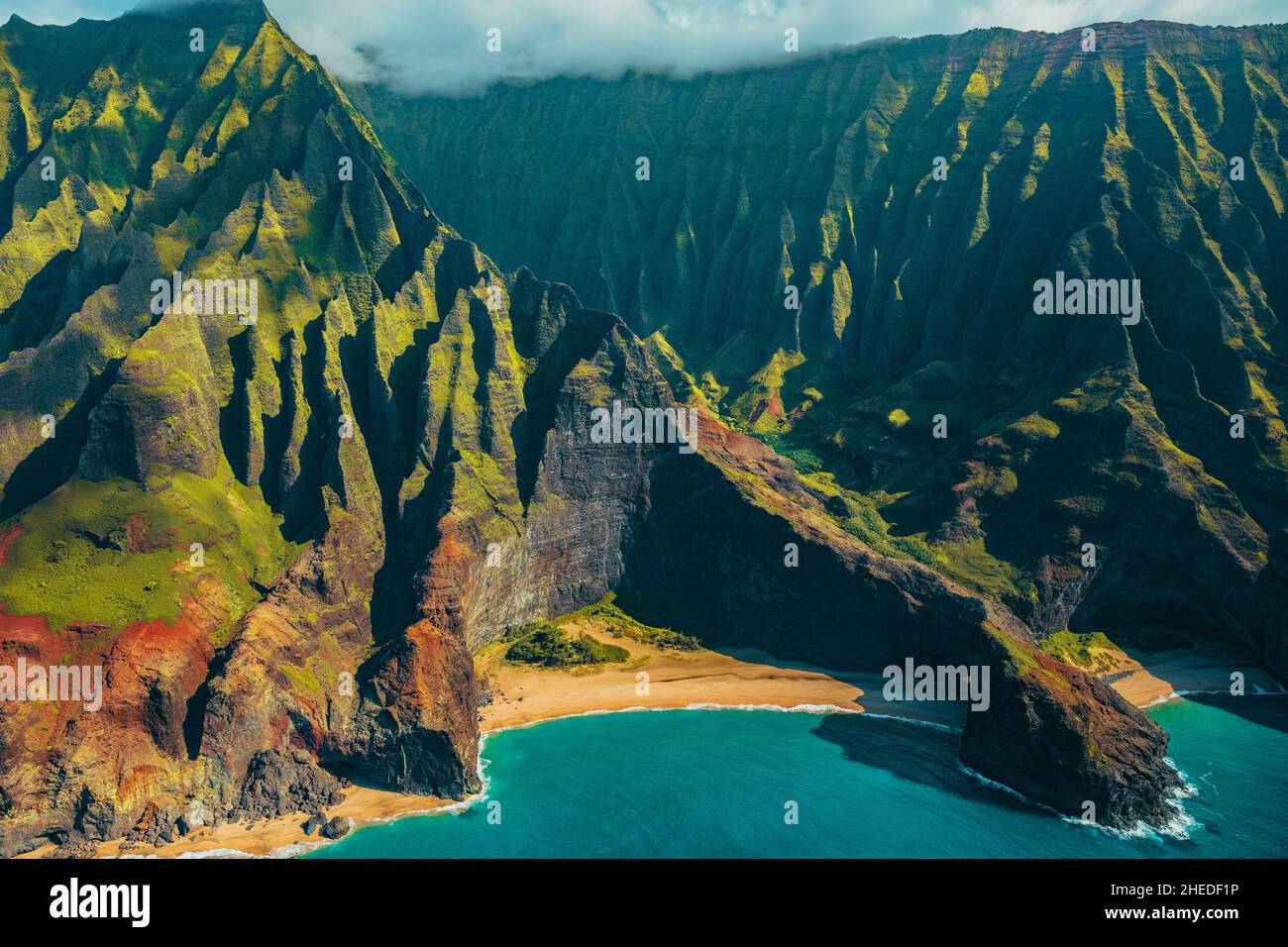 Hawaii Kauai Na Pali coast landscape aerial view from helicopter ...