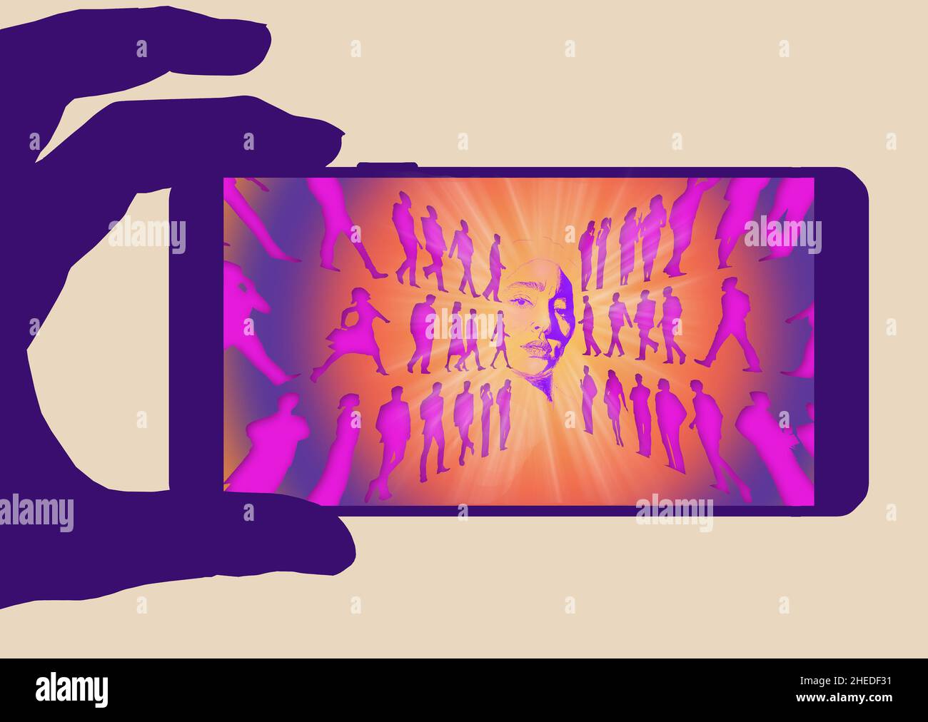 A social media influencer is seen on the screen of a cell phone. People ...