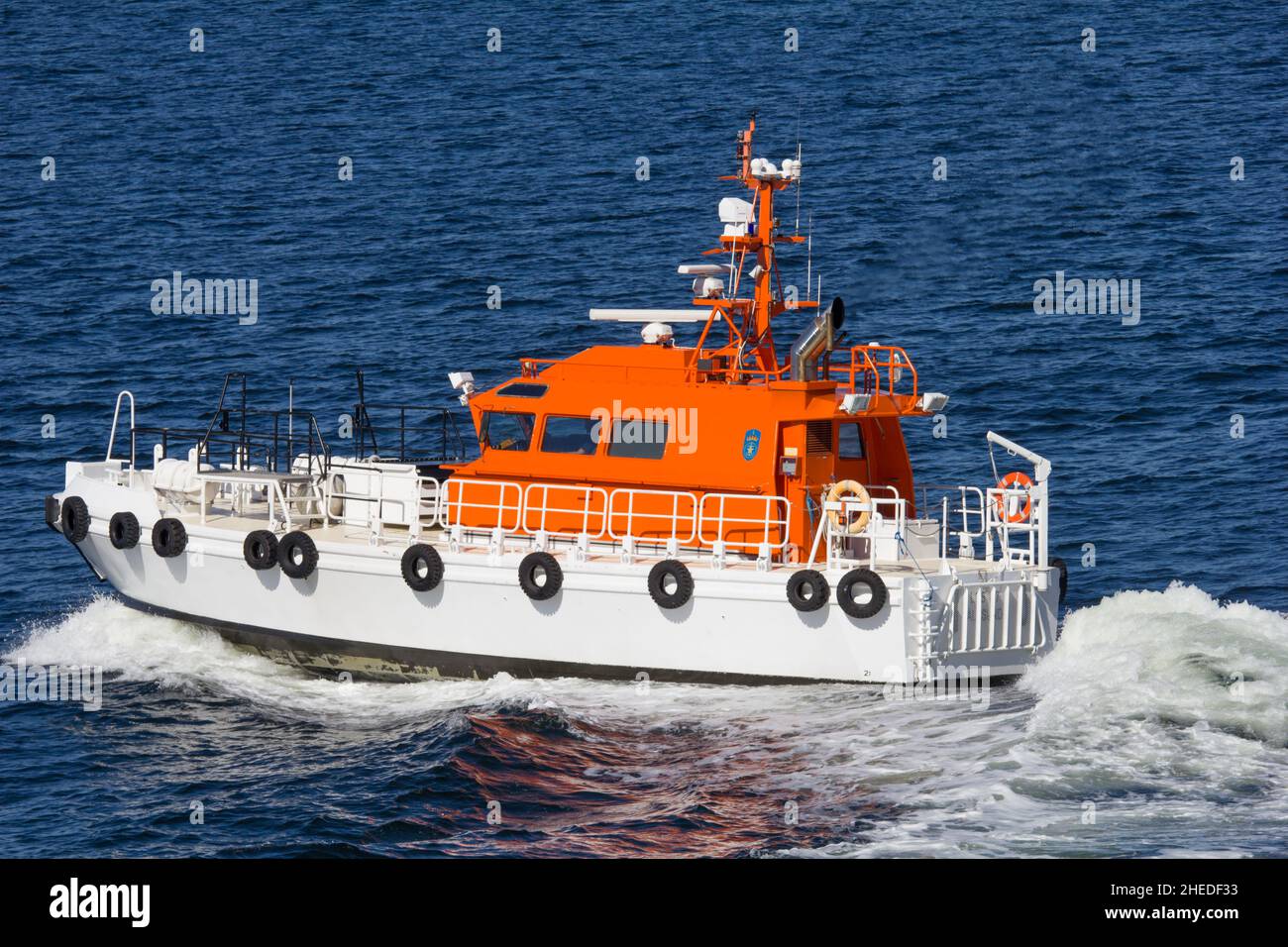 High powered Swedish pilot boat or vessel preparing to disembark a ...