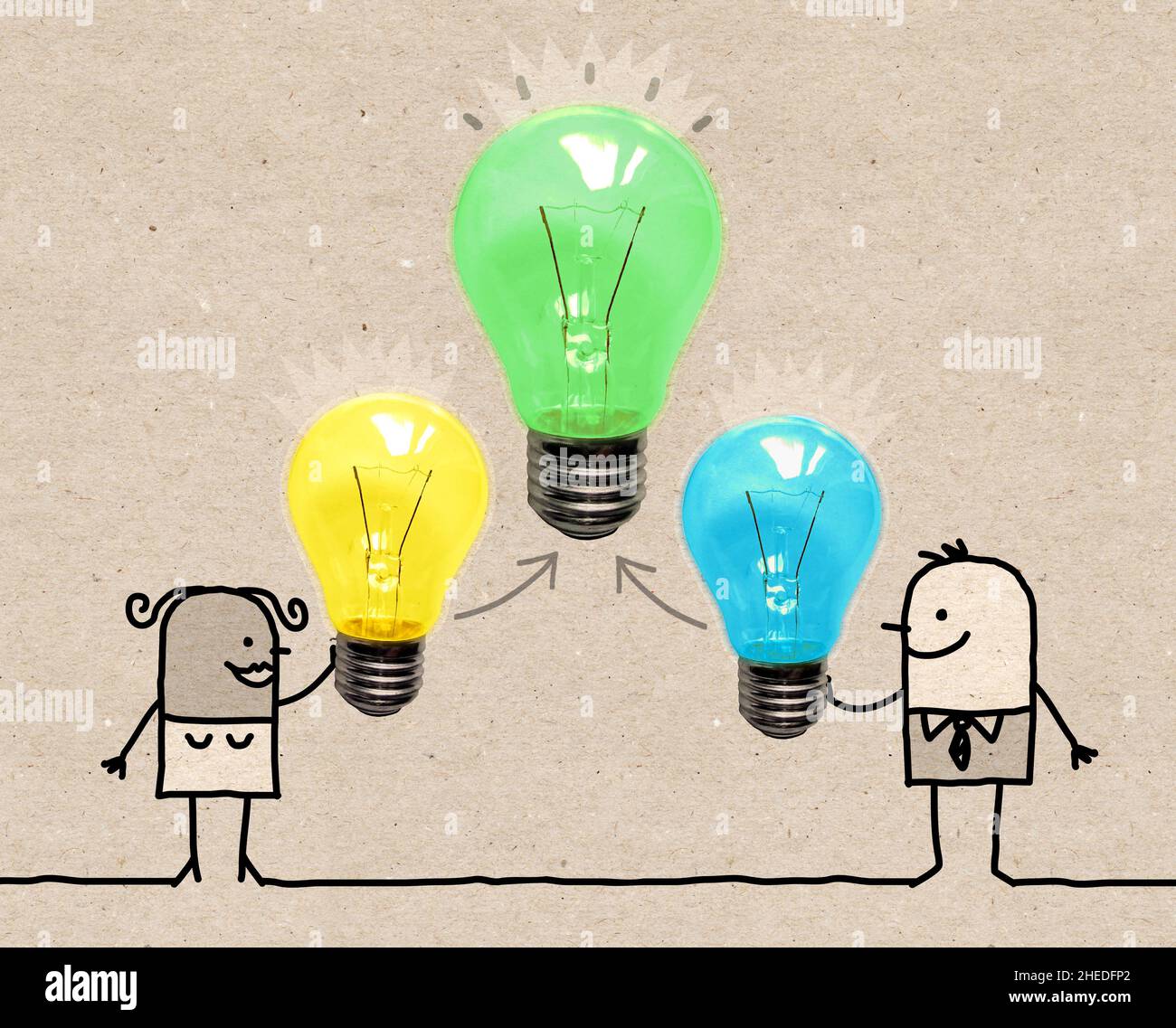 Hand drawn Cartoon Couple creating a new Idea with light bulbs Stock ...