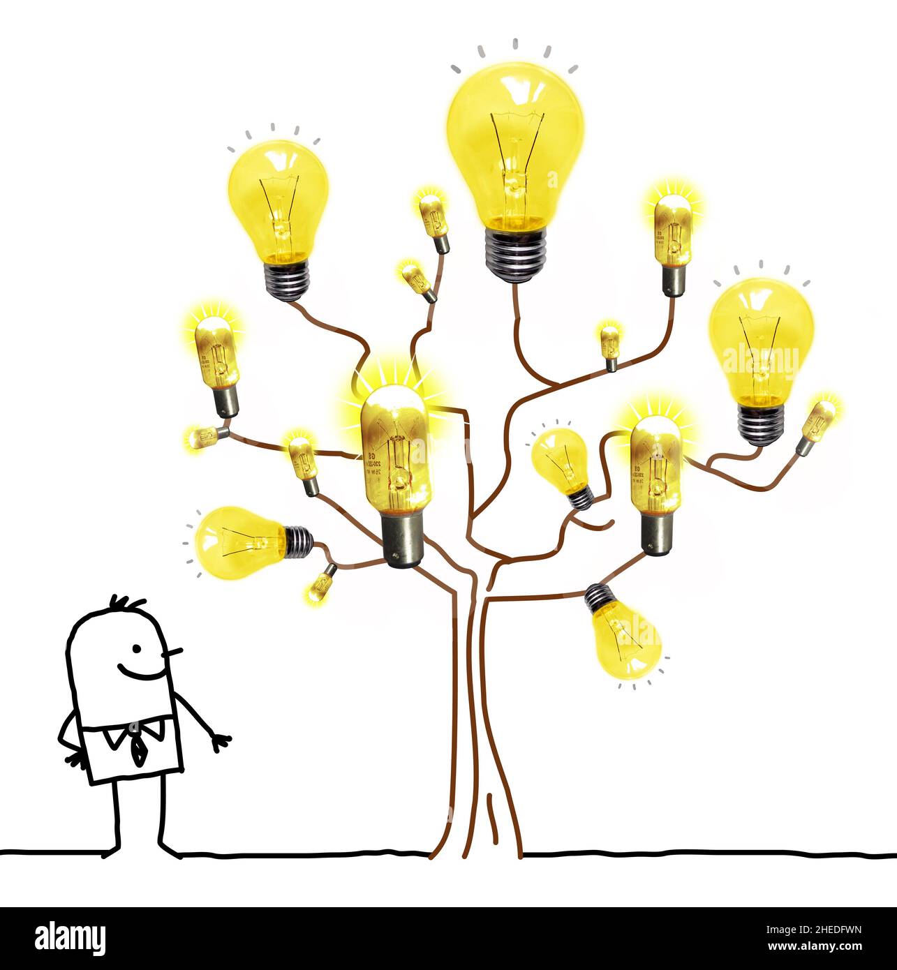 Hand drawn Cartoon Businessman Watching a Light Bulbs Tree Stock Photo ...