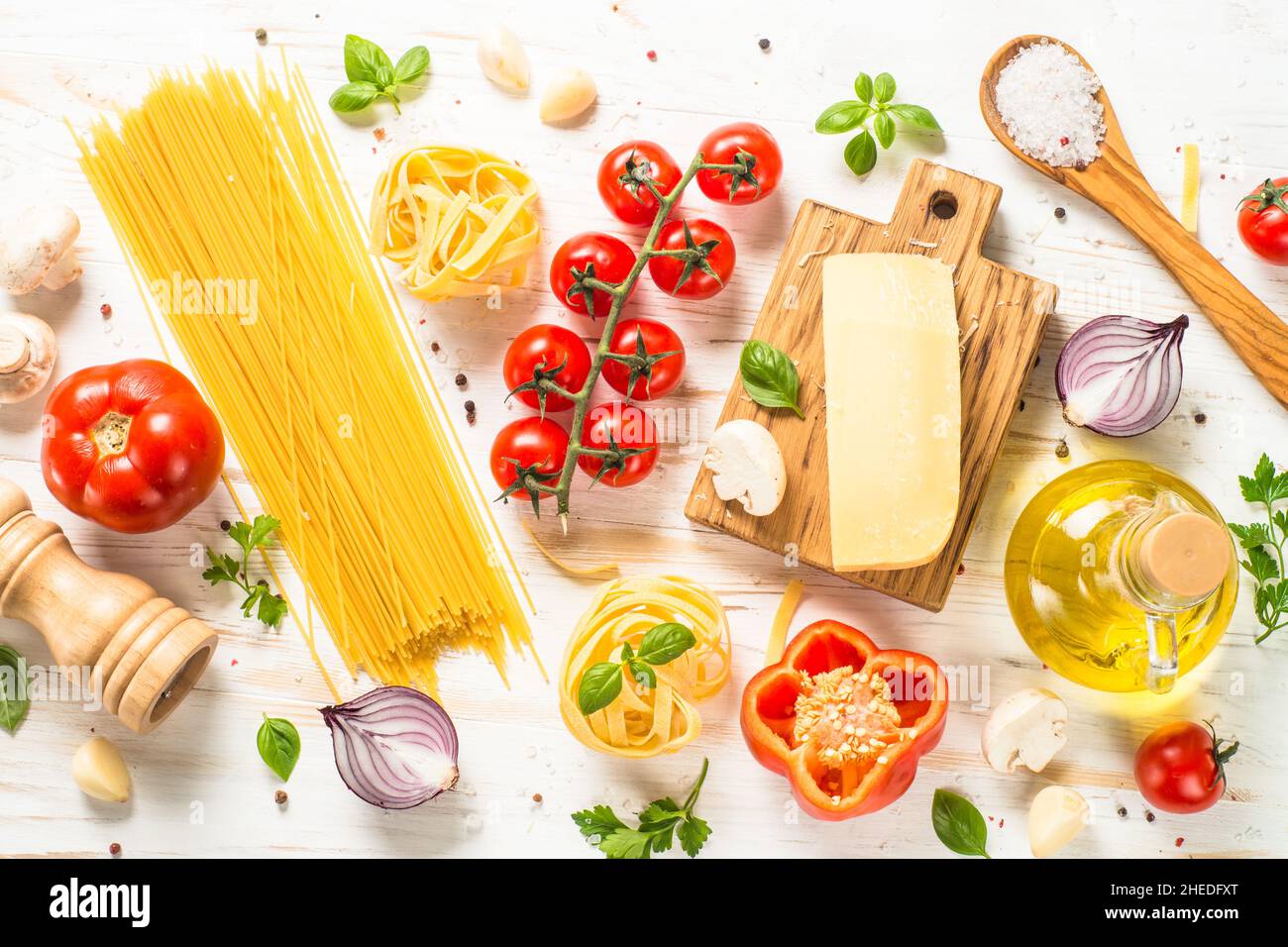 Italian food background at white bkitchen table Stock Photo - Alamy