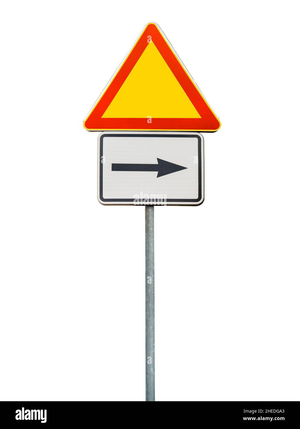 Road sign for right arow and red triangle sign isolated on rod Stock ...