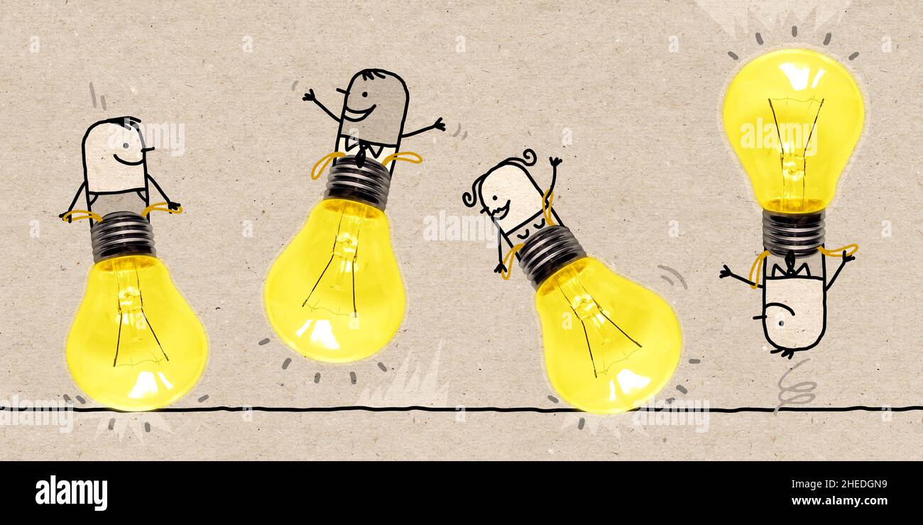 Hand drawn cartoon People playing and bumping wit big Light bulbs Stock ...