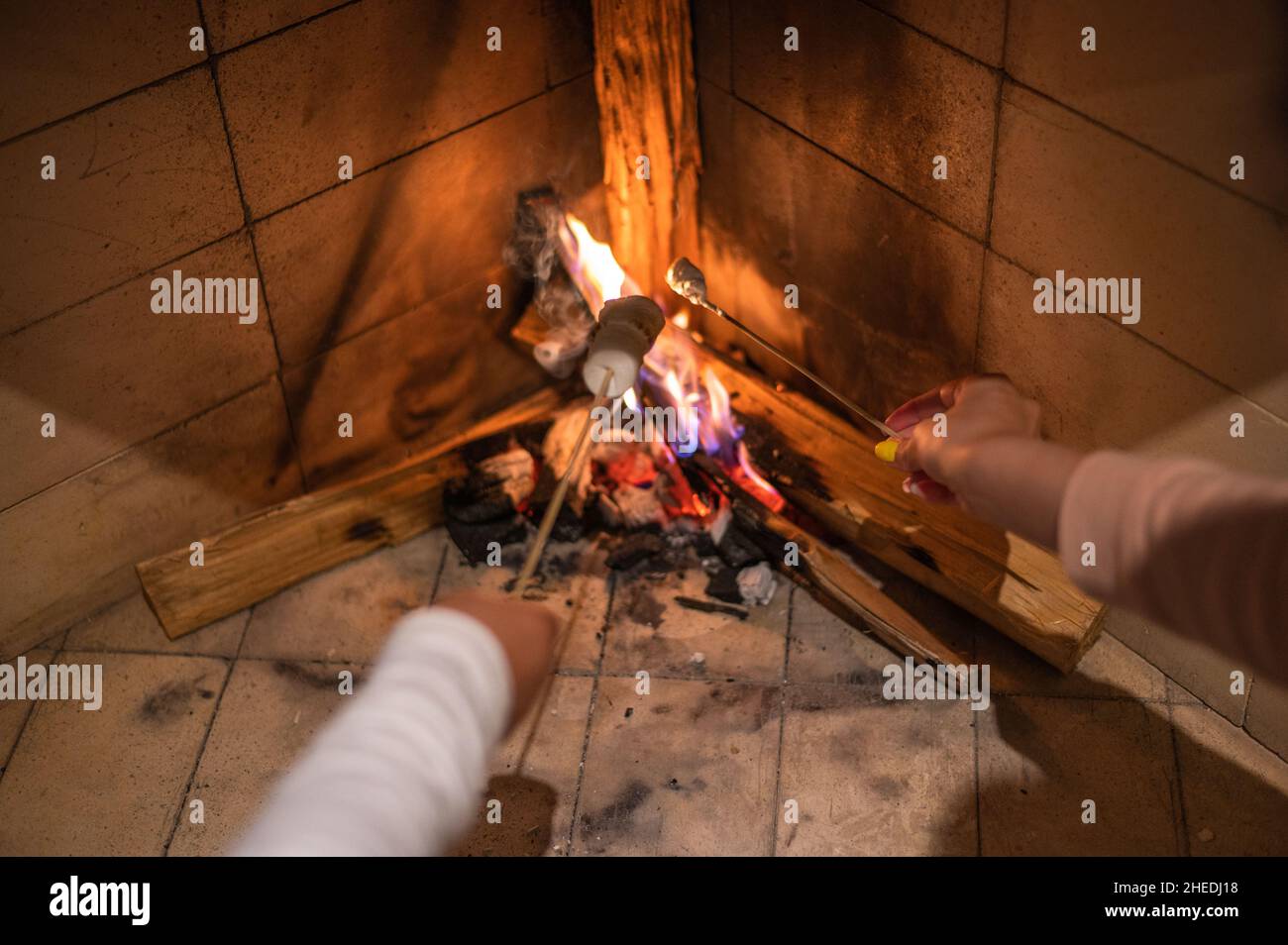 Marshmallows On Stick Roasting Over Campfire On Black Background ...