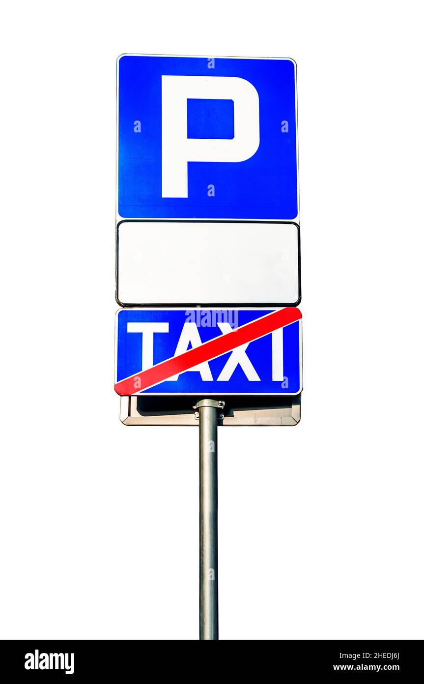 Parking sign with blank white sign and crossed taxi sign Stock Photo ...