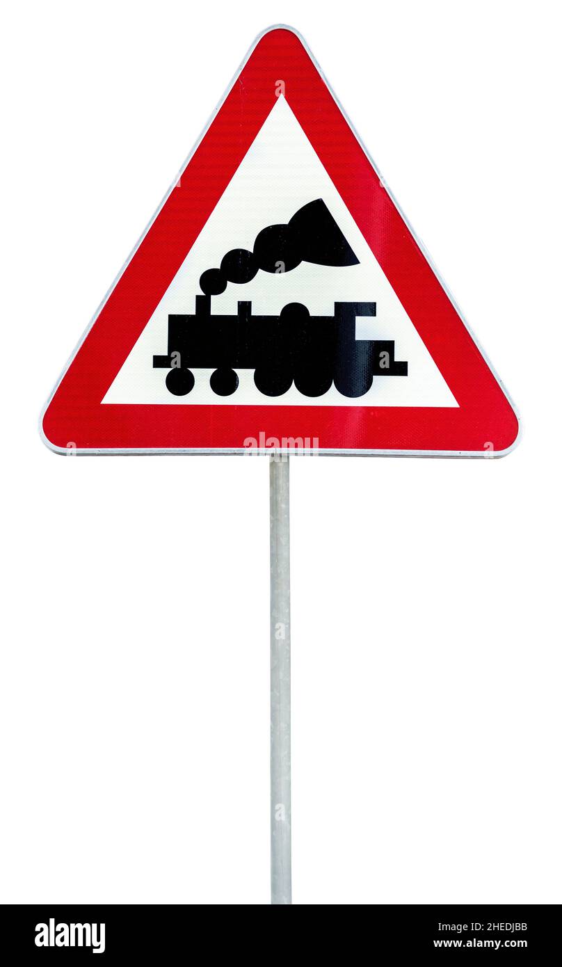 Road sign railway level crossing without gate or barrier ahead hi-res ...