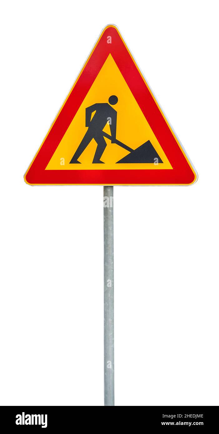 Red and yellow under construction road sign Stock Photo - Alamy